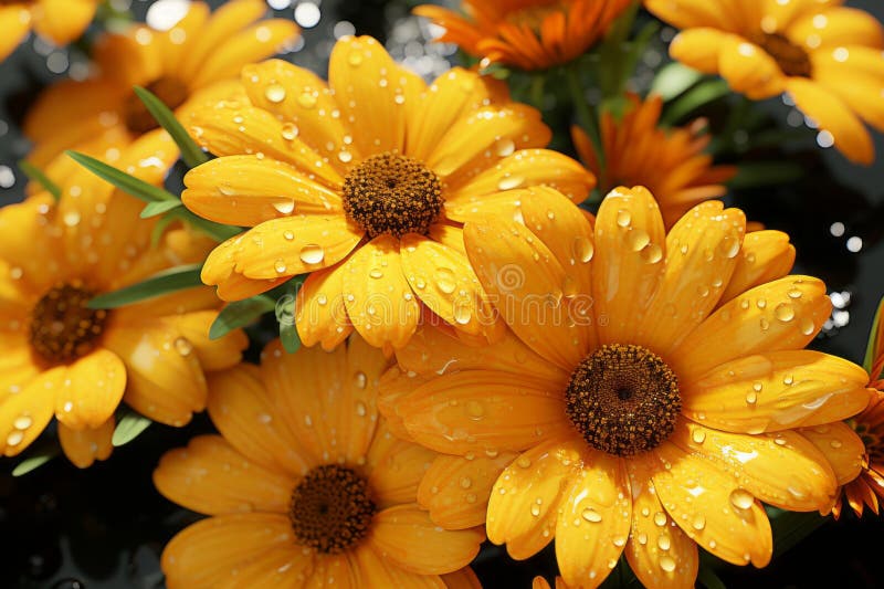 A Bunch of Yellow Flowers with Water Droplets on Them Stock ...
