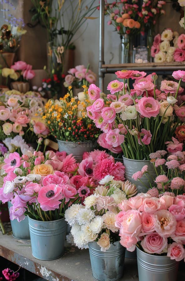 Bunches of Flowers in Buckets Stock Image - Image of buckets, garden ...