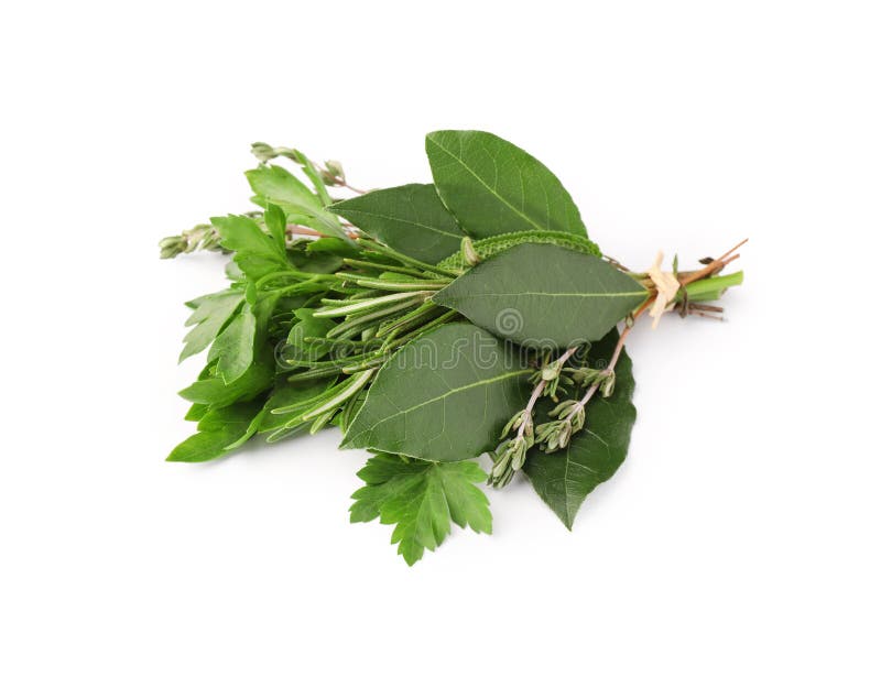 Bundle of Aromatic Bay Leaves and Different Herbs Isolated on White ...