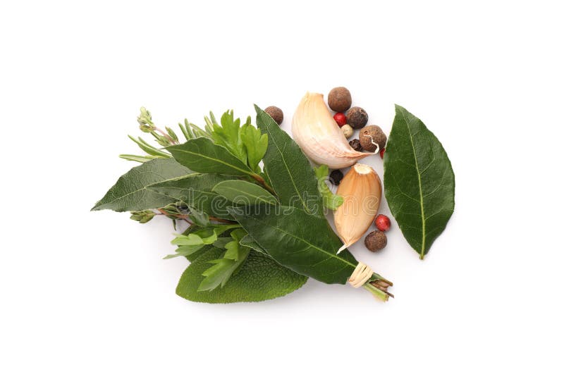 Bundle of Aromatic Bay Leaves, Different Herbs and Spices Isolated on ...