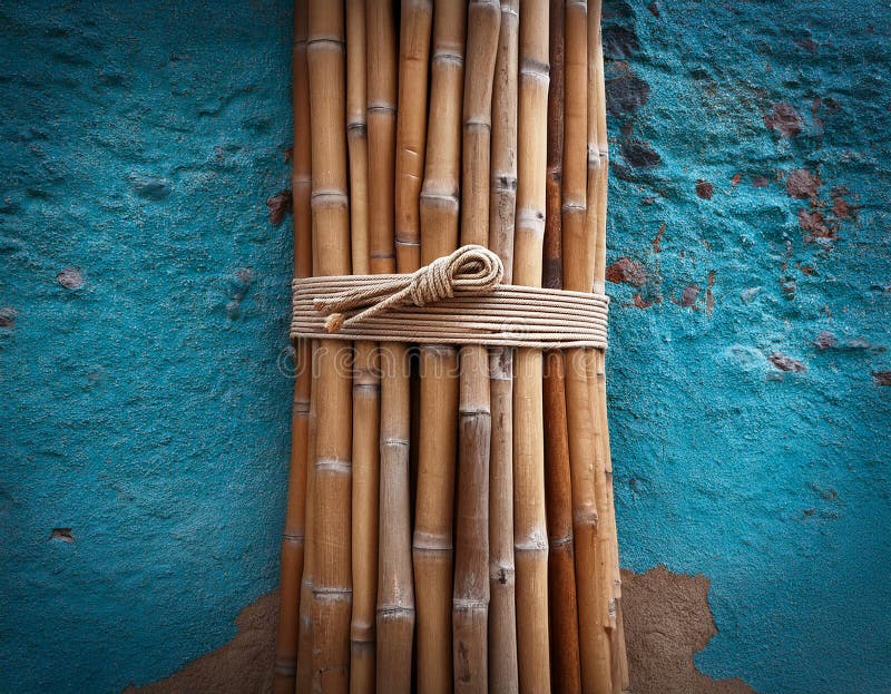 A Bundle of Bamboo Poles Tied with Rope Resting Vertically Against a ...