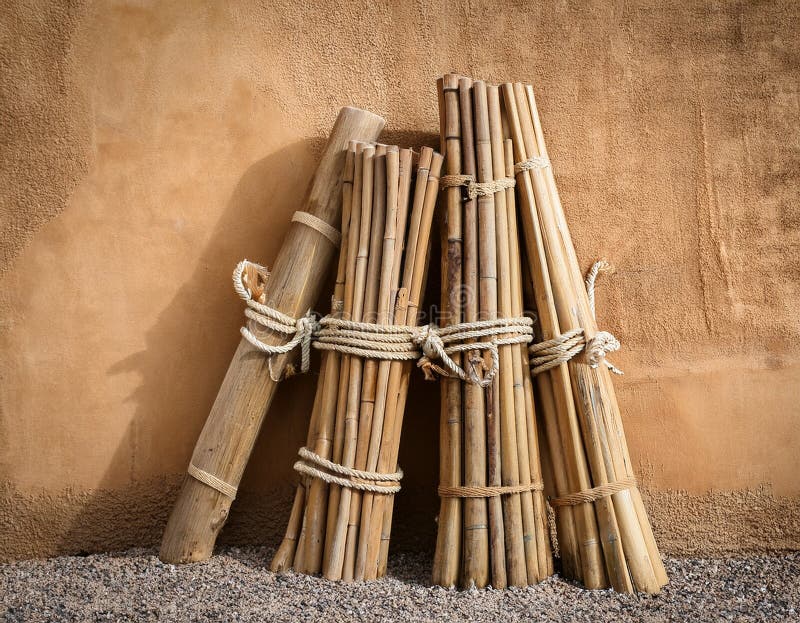 A Bundle of Bamboo Poles Tied with Rope Resting Vertically Against a ...