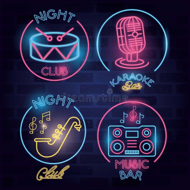 Bundle of Bar Labels Neon Lights Stock Vector - Illustration of ...