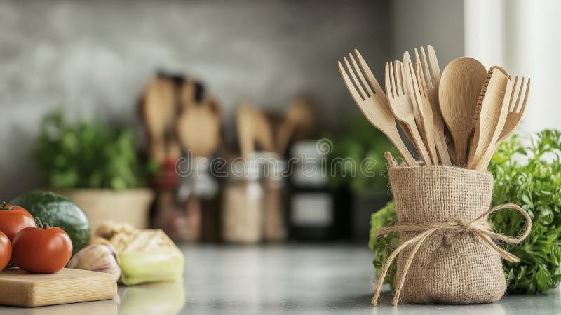 Bundle of Biodegradable Utensils Tied with Jute String, Arranged ...