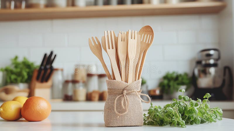 Bundle of Biodegradable Utensils Tied with Jute String, Arranged ...