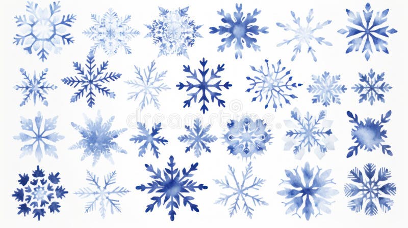 Bundle of Blue Hand-Drawn Watercolor Snowflakes AI Generated Stock ...