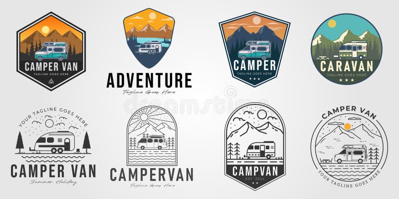 Bundle of Camper Van Logo Illustration. Set of Adventure Caravan Car ...