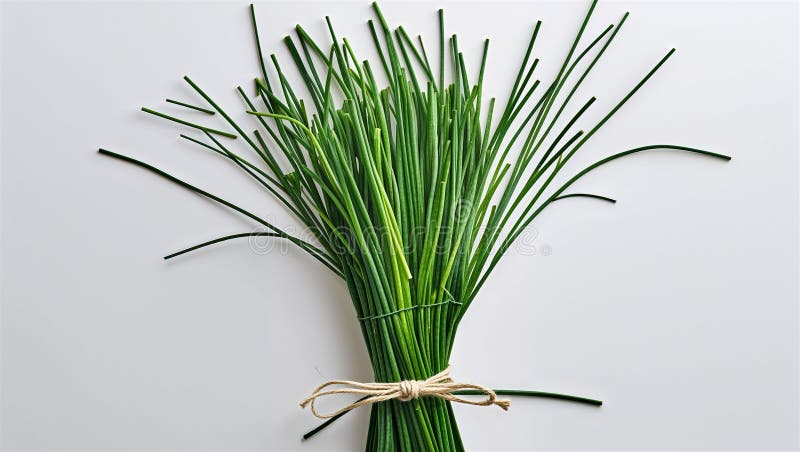 Bundle of Chives Tied at Base with Thin Green Stalks Spreading Out on ...