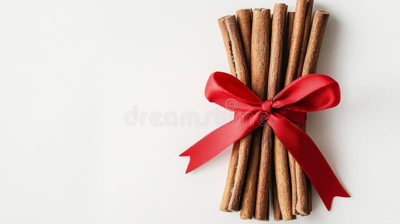 Bundle of Cinnamon Sticks Tied with a Red Ribbon on White Background ...
