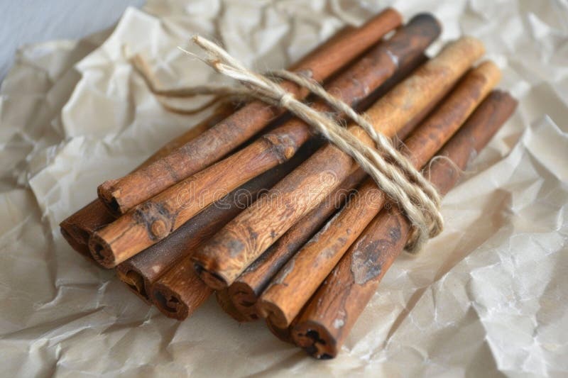 Bundle of Cinnamon Sticks Tied with String Lying on Crumpled Paper ...