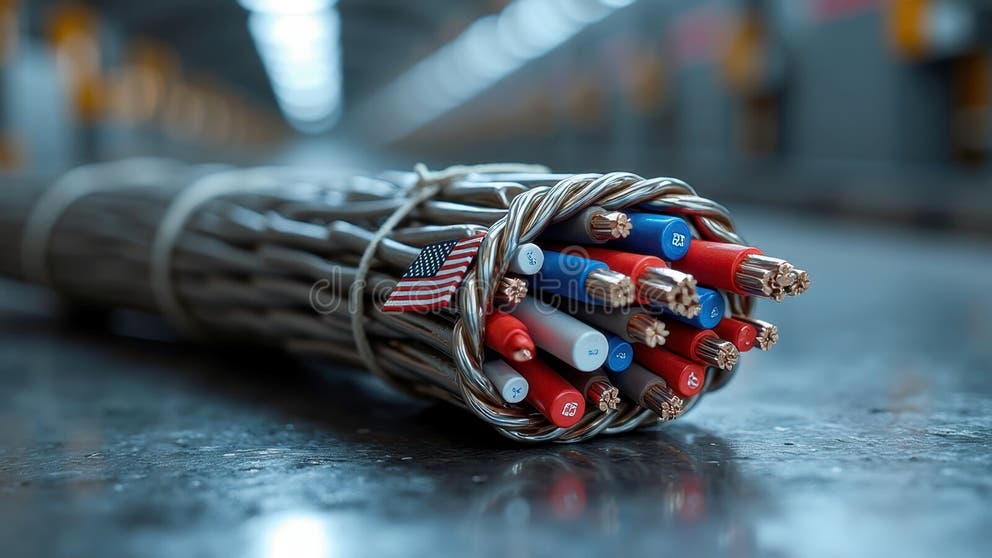 Bundle of Electrical Wires with Small American Flag in Industrial ...