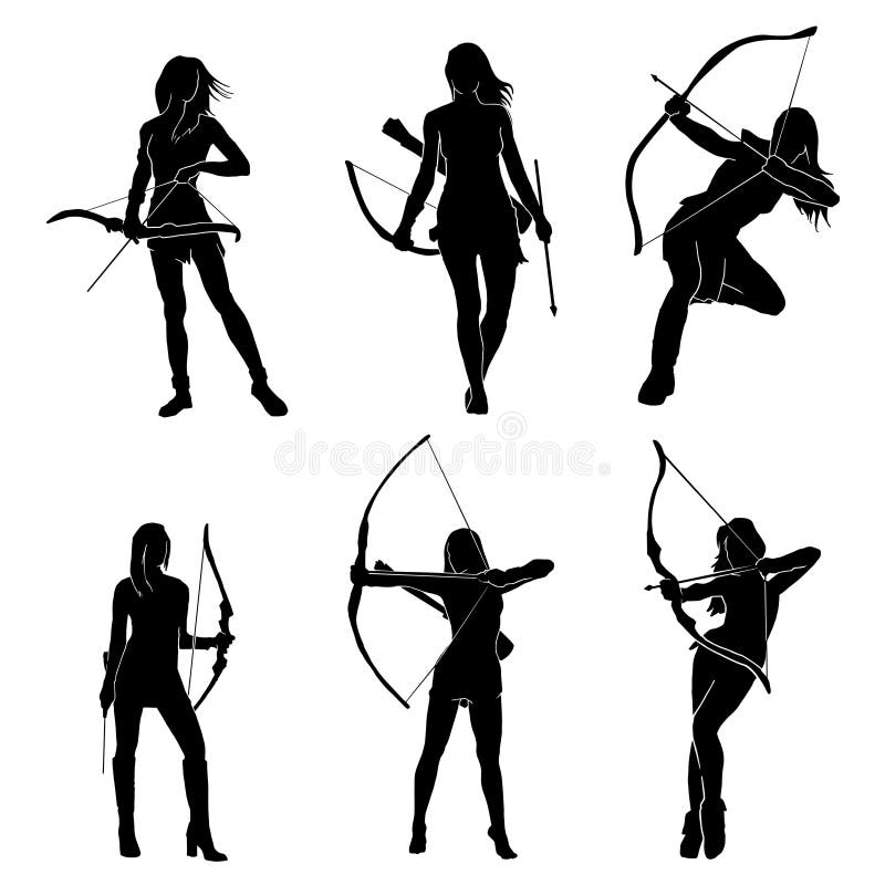Bundle of Female Archer Warrior Silhouette Vector Collection on White ...