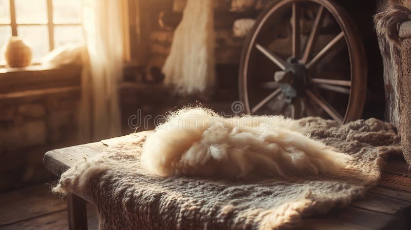 Bundle of Freshly Sheared Wool, Soft and Fluffy, Resting on a Rustic ...