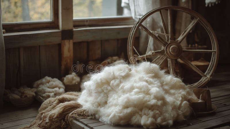 Bundle of Freshly Sheared Wool, Soft and Fluffy, Resting on a Rustic ...