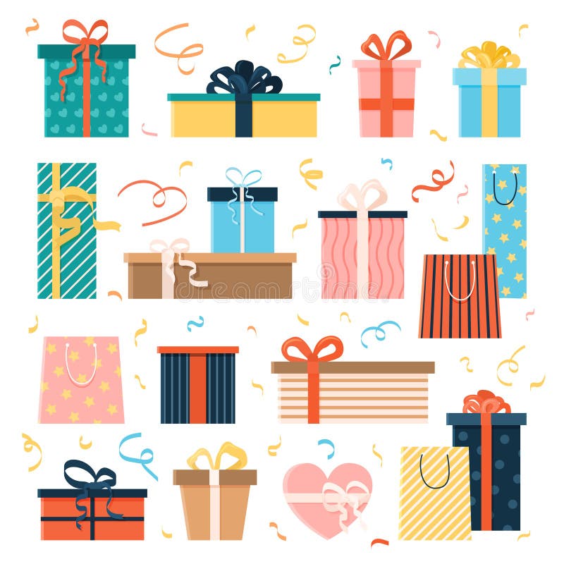 Bundle of Gift Boxes in Flat Style. Stock Vector - Illustration of ...
