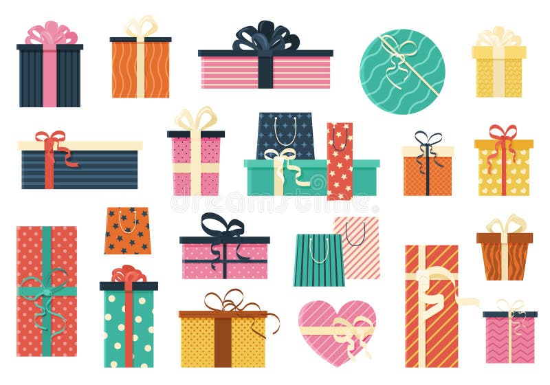 Bundle of Gift Boxes in Flat Style. Stock Vector - Illustration of ...