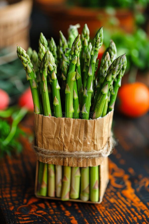 Bundle of Green Asparagus Tightly Wrapped in Brown Paper Packaging ...