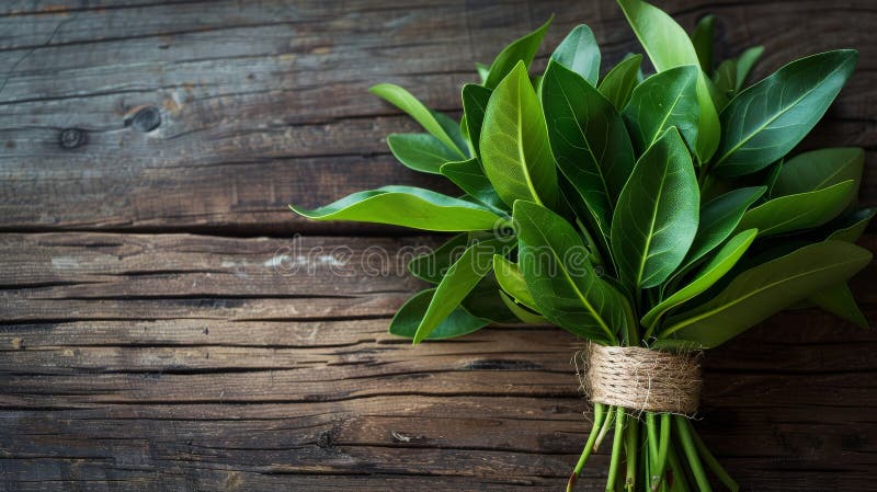 Bundle of Green Leaves on Rustic Wooden Table, Nature and Eco Concept ...