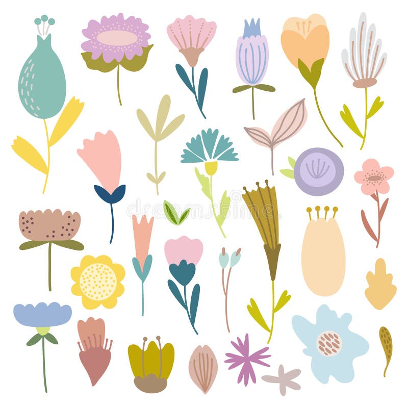 Pack of Hand Drawn Simple Pastel Vector Flowers and Plants. Stock ...