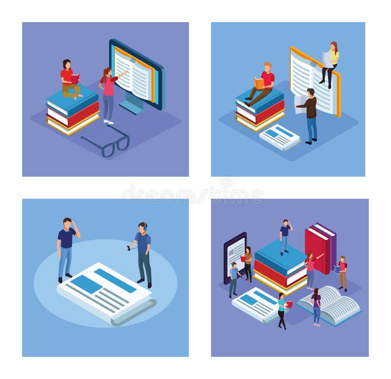 Bundle of Mini People Reading Electronics Books Scenes Stock Vector ...