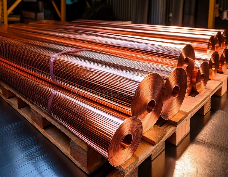 A Bundle of Rolled Copper Sheets Arranged on a Pallet Emitting Warm ...