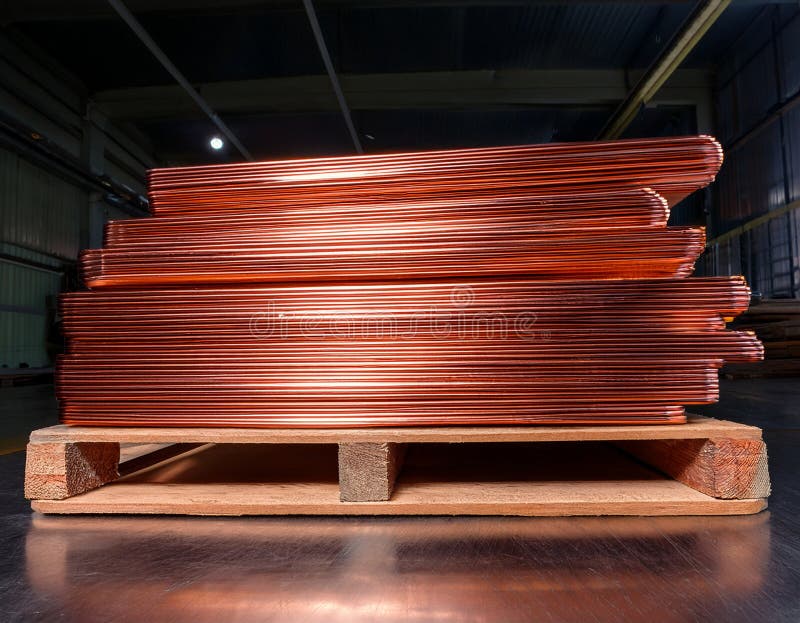 A Bundle of Rolled Copper Sheets Arranged on a Pallet Emitting Warm ...
