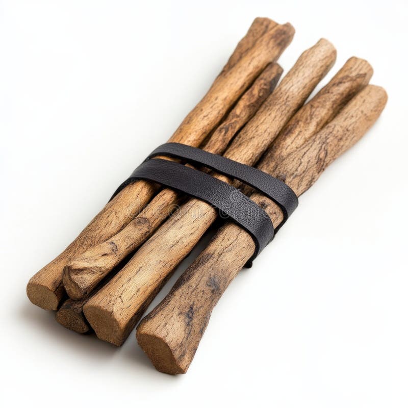 Bundle of Rustic Wooden Sticks Bound with Black Leather Straps on White ...