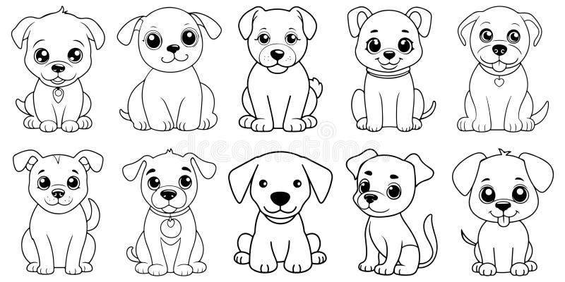 Bundle Set of Cute Outline Drawings of Sitting Dogs Stock Vector ...
