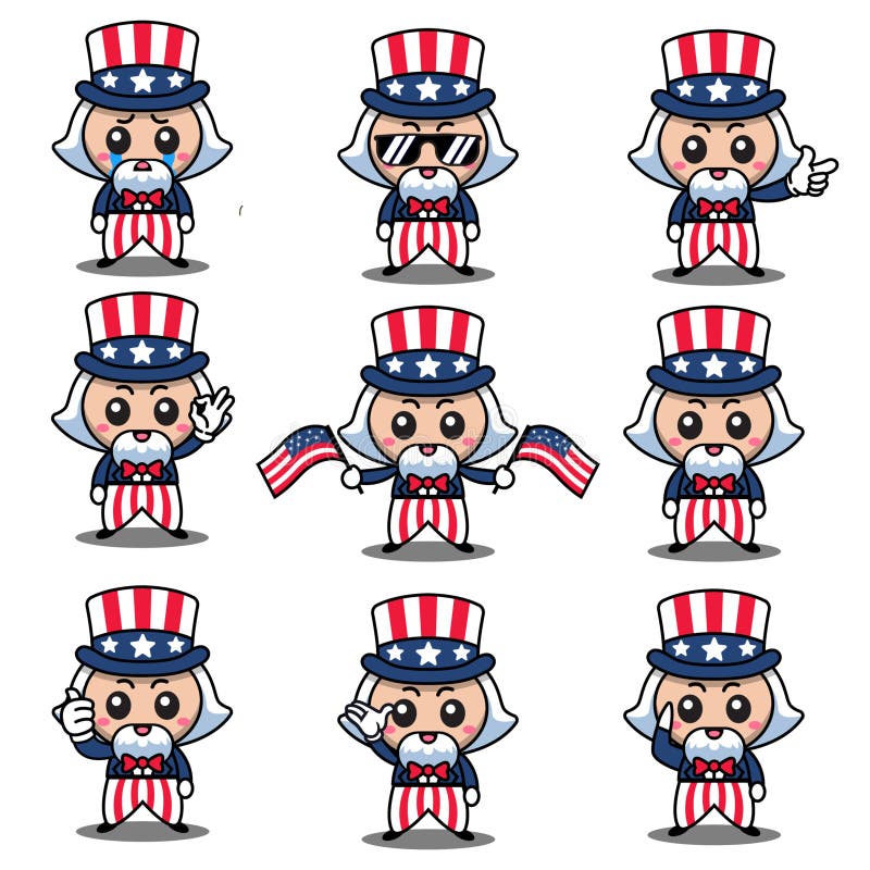 Bundle Set Illustration of Cute Uncle Sam Stickers with Different ...