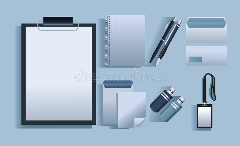 Bundle of Seven Mockup Branding Elements Icons Stock Vector ...