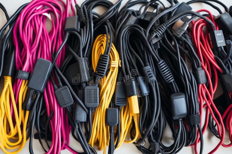 Bundle of Tangled Colored Cables Including Yellow Pink and Black ...