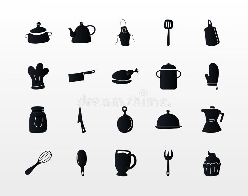 Bundle of Twenty Kitchen Utensils Set Icons Stock Vector - Illustration ...