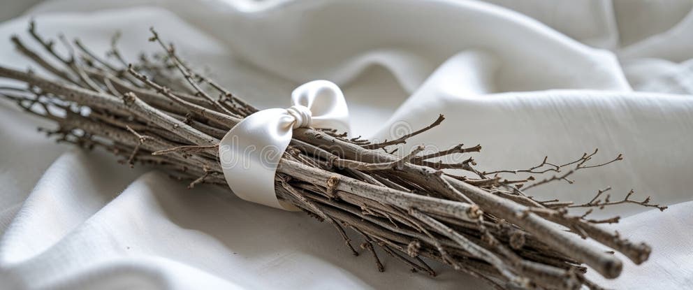 A Bundle of Twigs Tied with a Ribbon is on a White Cloth Stock Photo ...