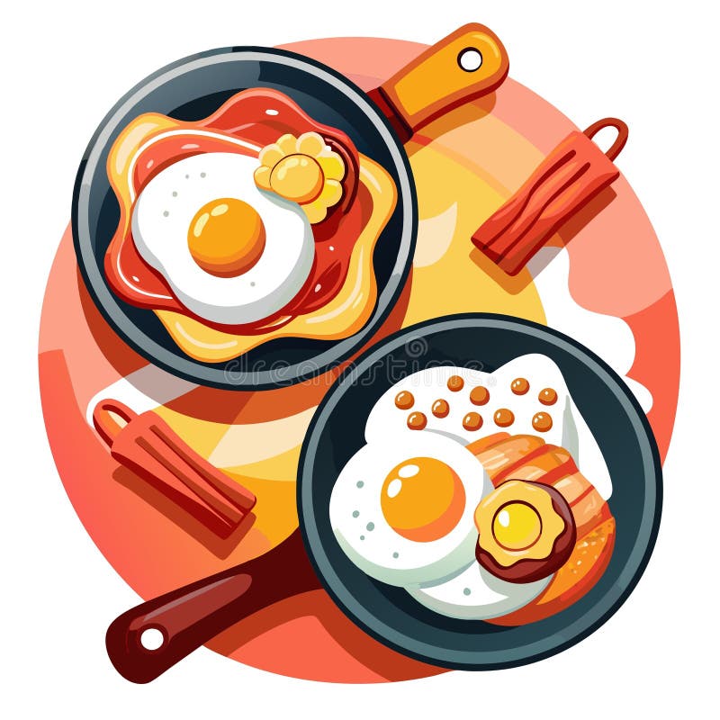 Bundle of Two Pans with Fried Eggs and Bacon (side and Top View). Stock Vector - Illustration of ...
