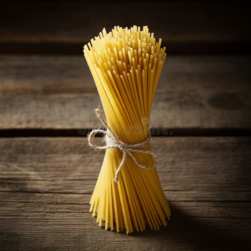 A Bundle of Uncooked Spaghetti Stands Upright, Tied with String, Set ...