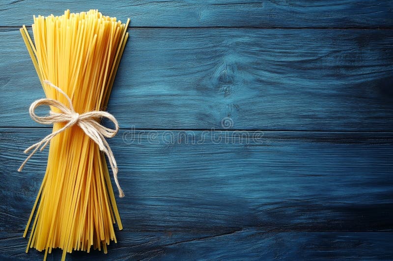 Bundle of Uncooked Spaghetti Tied with String on a Blue Wooden Surface ...