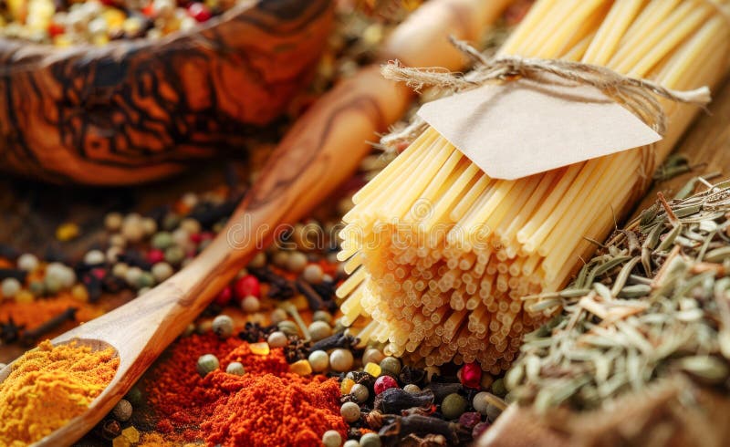Bundle of Uncooked Spaghetti Tied with String Next To Various Spices ...