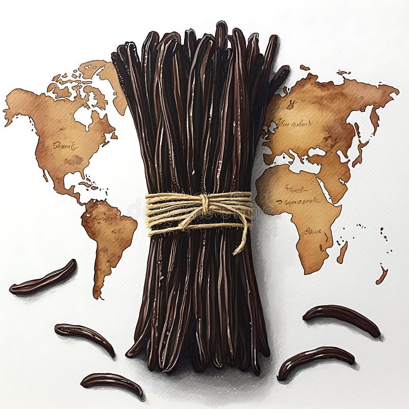 Bundle of Vanilla Beans with World Map Illustrating Origin and Global ...