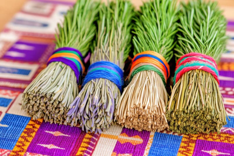 Close-up of Colorful Sage and Cedar Bundles Beautifully Arranged on a ...