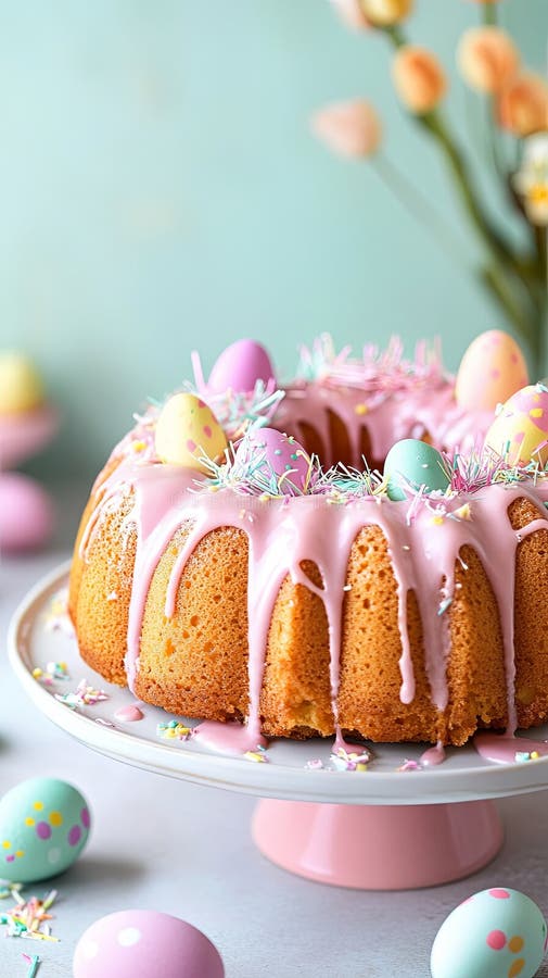 Bundt Cake Drizzled with Pastel Glaze, Decorated with Edible Easter ...