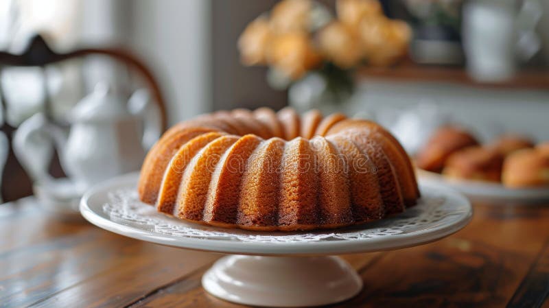 Bundt Cake on White Cake Plate Stock Photo - Image of confection ...