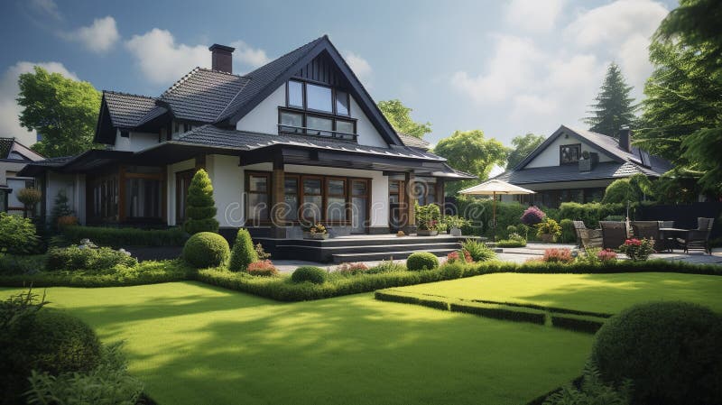 A Bungalow in a Suburban Setting with a Manicured Lawn Stock ...