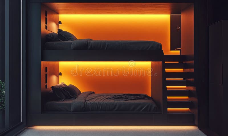 A Bunk Bed with a Lighted Wall Behind it Stock Image - Image of home ...