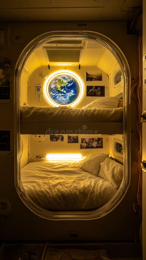 A Bunk Bed in a Space Station with a View of the Earth Stock Photo ...
