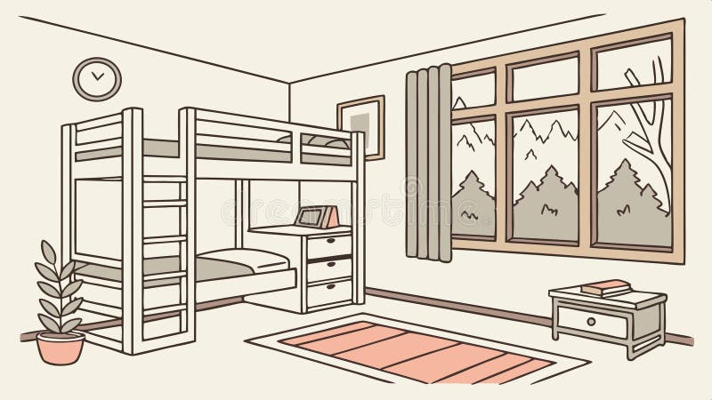 Bunk Beds in Room, Shared Living Space and Hostel Style Vector Design ...