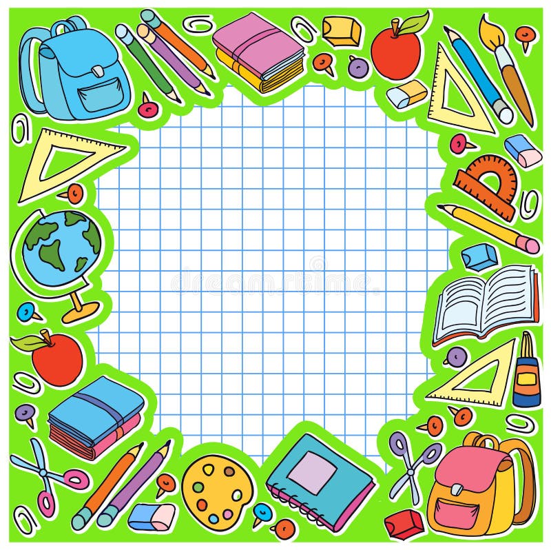 Banner Cell Sheet in Cage with Set of Different School Things Vector ...