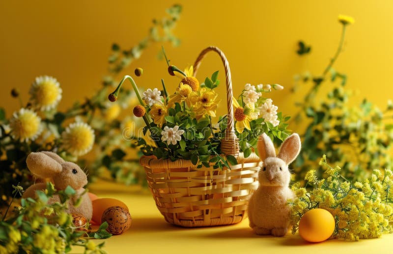 Bunnies and Easter Baskets with Flowers Stock Photo - Image of blooms ...