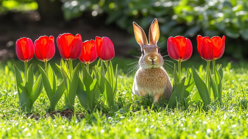 Bunny Amidst Red Tulips in Spring Garden Stock Image - Image of ...