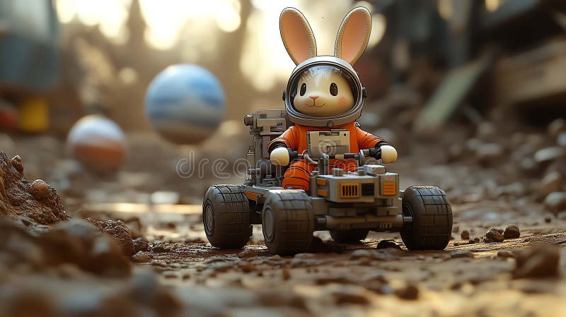 A Bunny Astronaut Drives a Miniature Rover on a Dusty Alien Landscape ...
