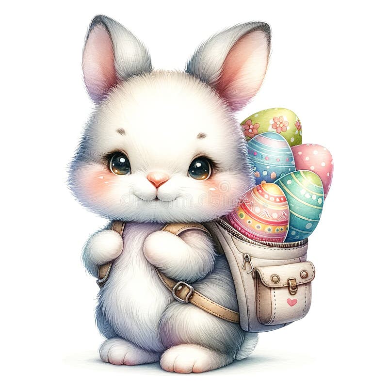 Bunny with a Backpack and Easter Eggs. Watercolor Illustrations on a ...